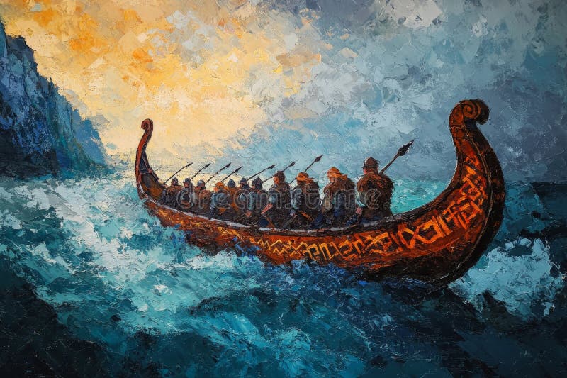 A Longship Carrying Viking Warriors Makes Its Way through Choppy Waters ...