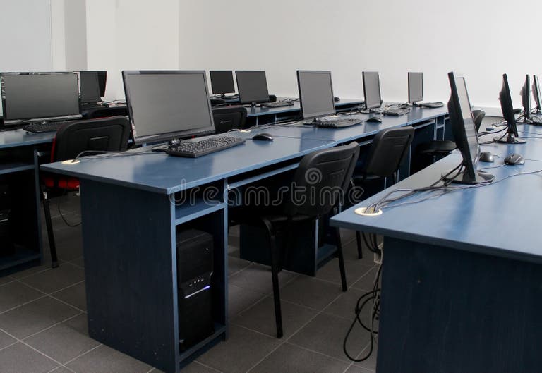 Modern Computer Classroom with Tables in Three Rows Stock Photo - Image ...