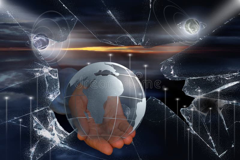 A Look into Space, Infinity through Broken Glass. Earth Globe in Human ...