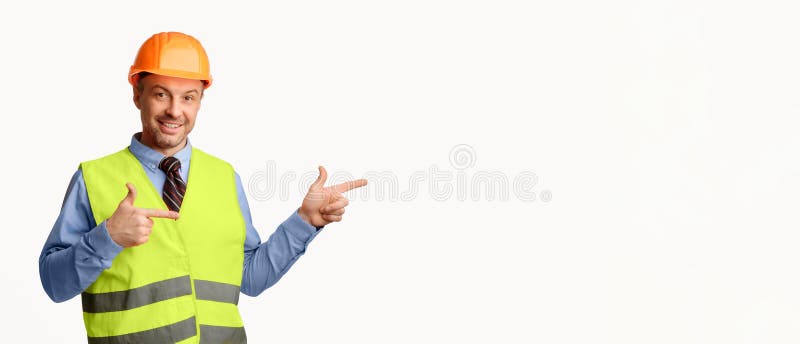 Construction Worker Pointing Fingers Aside Posing on White Background ...
