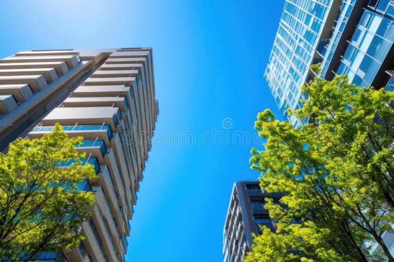 Look Up at Modern Architecture Against Clear Blue Sky, Cityscape ...