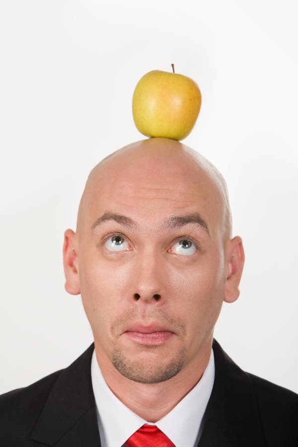 Looking at apple stock photo. Image of bald, food, human - 6433348