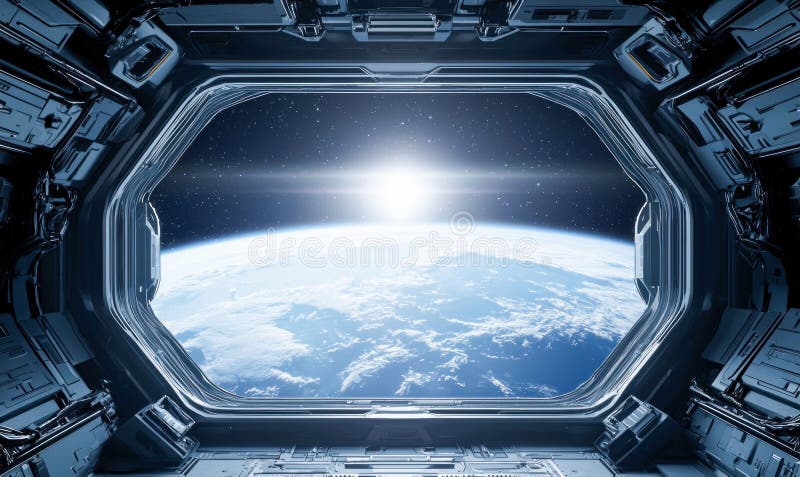 Looking Back at Earth from the Window of a Spaceship with Sun Rising ...