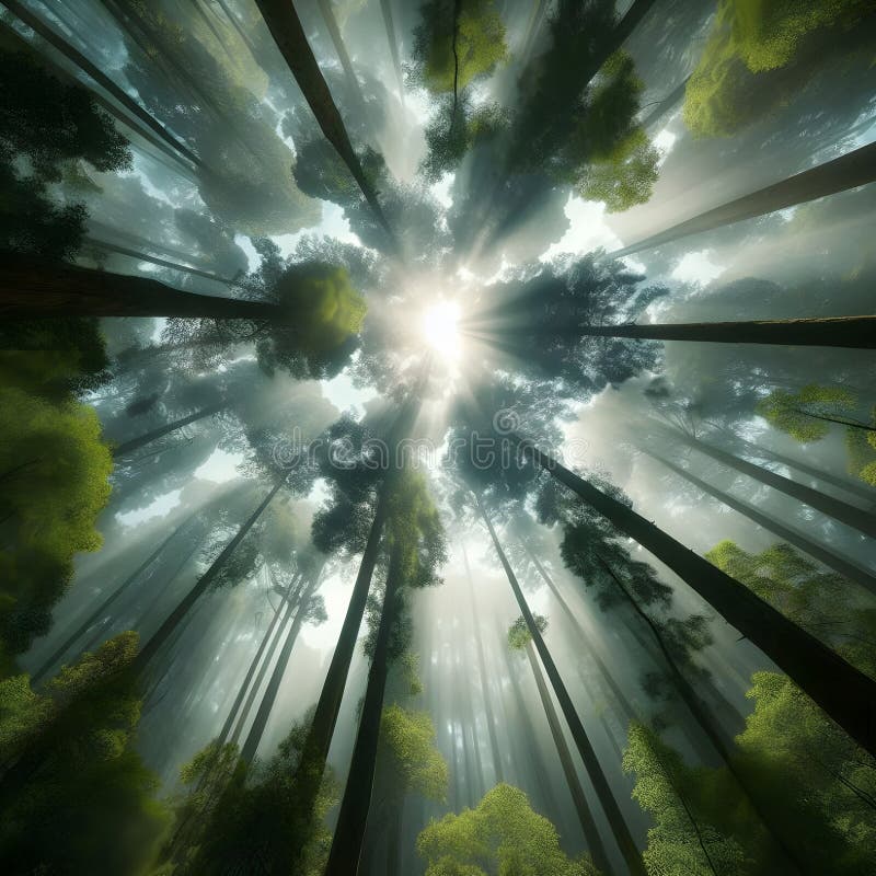 Looking from Below the Towering Trees of Leaves Lush with Dappled Light ...