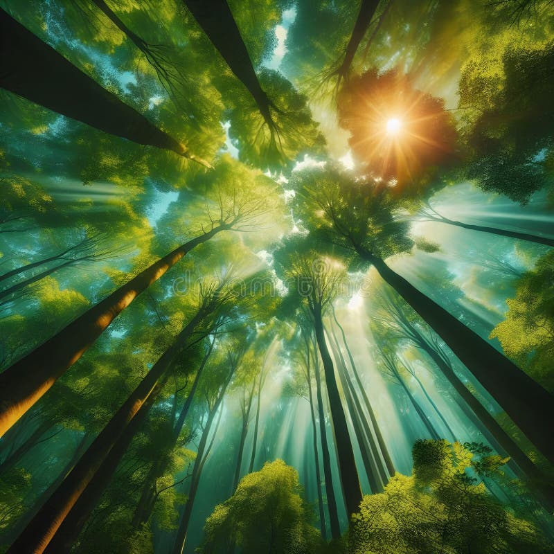 Looking from Below the Towering Trees of Leaves Lush with Dappled Light ...