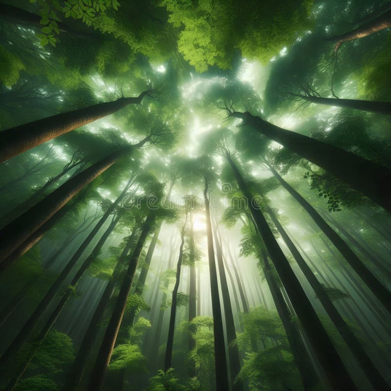 Looking from Below the Towering Trees of Leaves Lush with Dappled Light ...