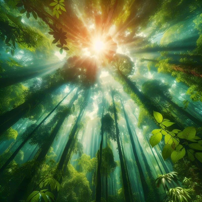 Looking from Below the Towering Trees of Leaves Lush with Dappled Light ...