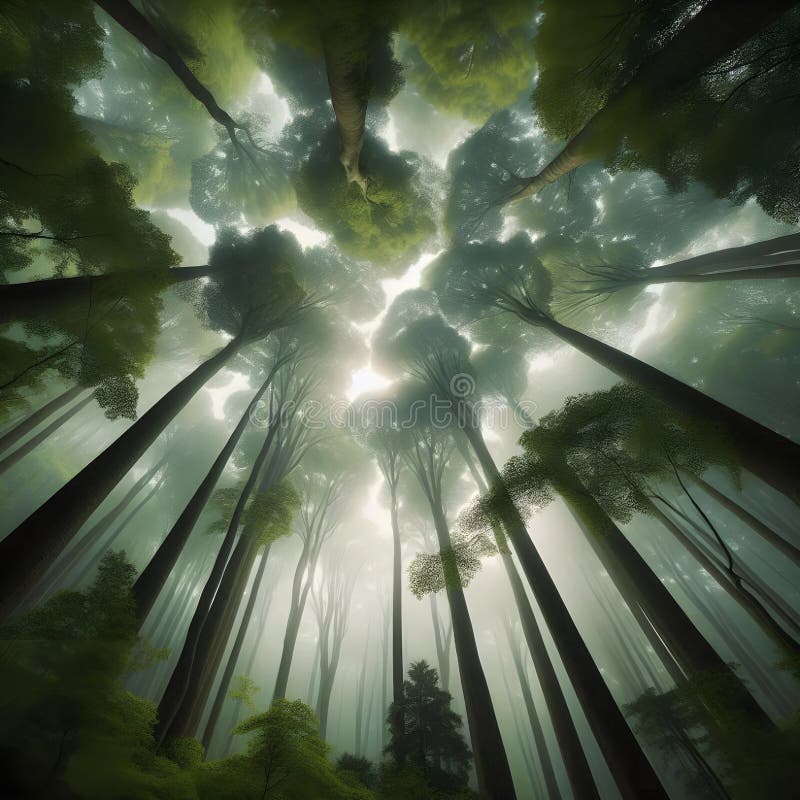 Looking from Below the Towering Trees of Leaves Lush with Dappled Light ...