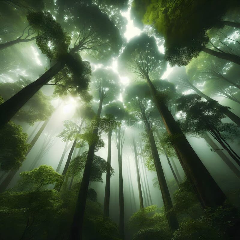 Looking from Below the Towering Trees of Leaves Lush with Dappled Light ...