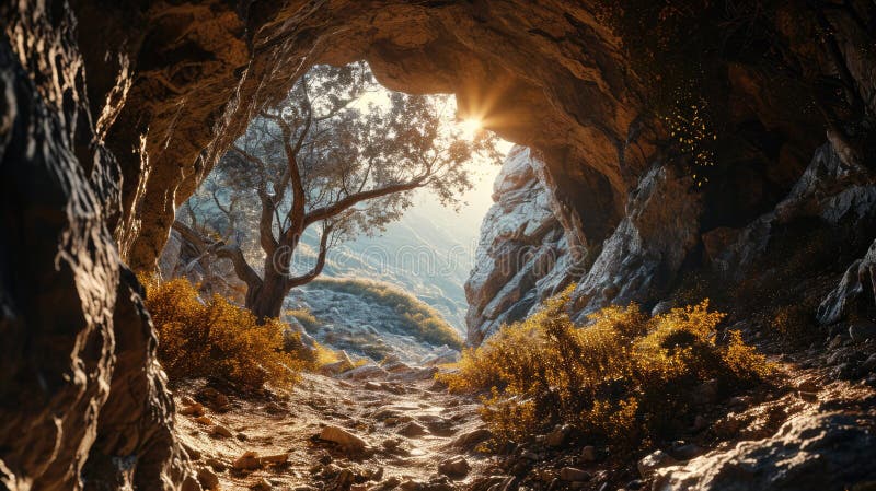 Looking through a Cave Towards a Mountainous View Stock Illustration ...