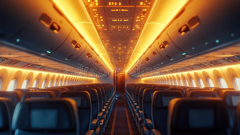 Looking Down an Airplane S Cabin Aisle, Illuminated with Warm, Inviting ...