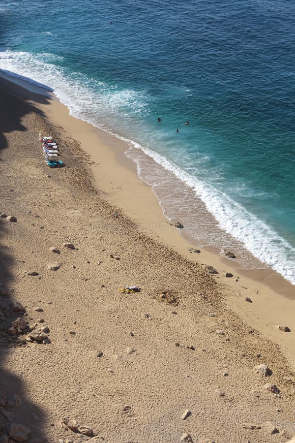 Looking Down Beach of Turquoise Blue Sea Waters Stock Image - Image of ...