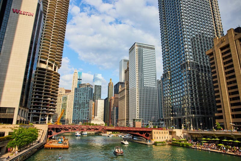 Looking Down Chicago River Canals for Ships with Bridge and Rows of ...