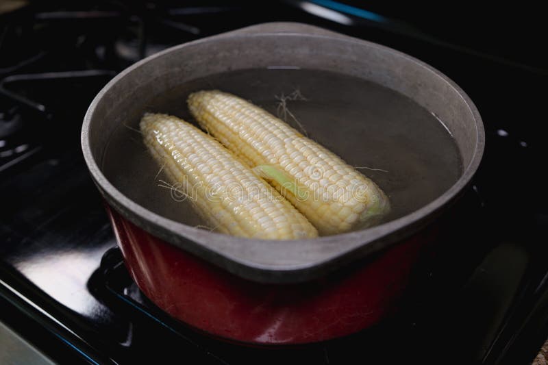 Looking Down at Corn on the Cob Boiling in Red Pot Stock Image - Image ...