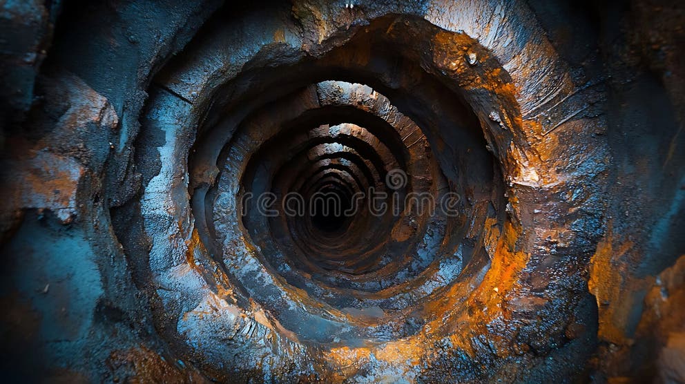 Deep Spiral Well Shaft with Rust and Erosion Showing Geological ...