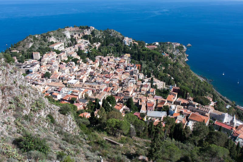 Looking Down At The History Town Of Taormina In Sicily Stock Photo ...