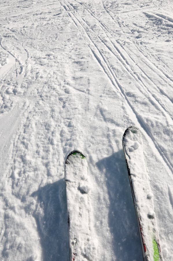 Looking Down at Skis, Stopped on Snow Stock Image - Image of leisure ...