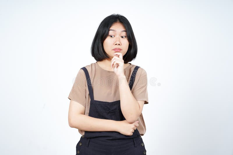 Looking Down and Thinking Gesture of Beautiful Asian Woman Isolated on ...