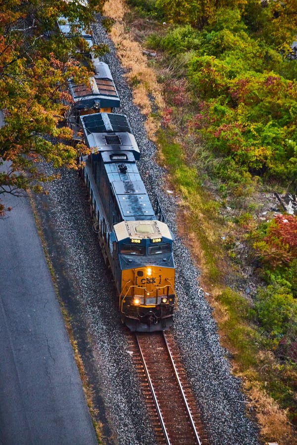 Looking Down on Transport Train Along Tracks through Forest Stock Image ...