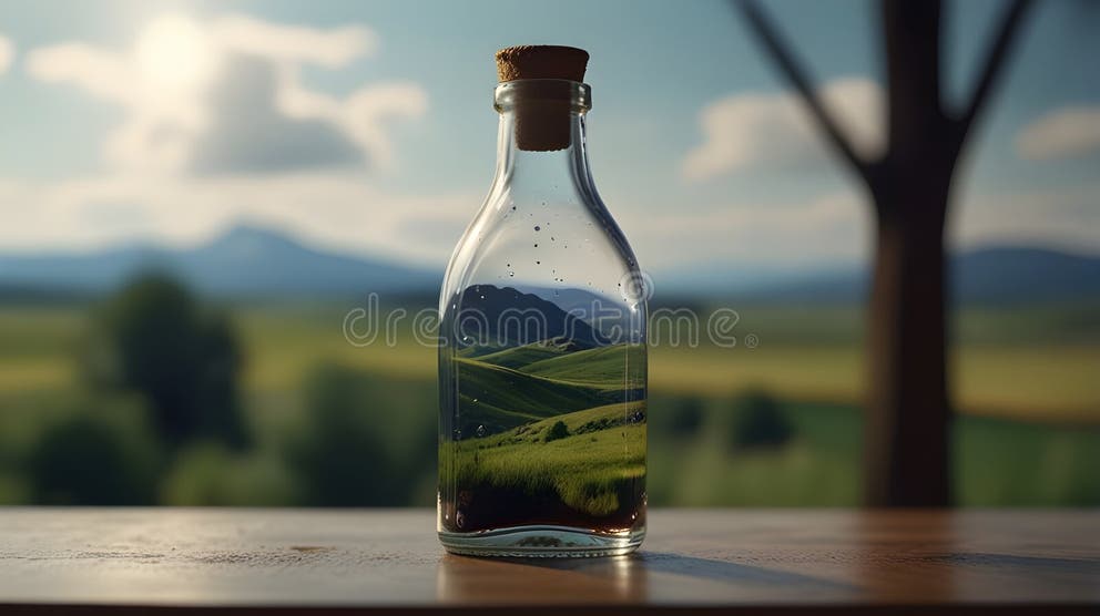 Looking through a Glass Bottle at a Blurred and Distorted Landscape ...