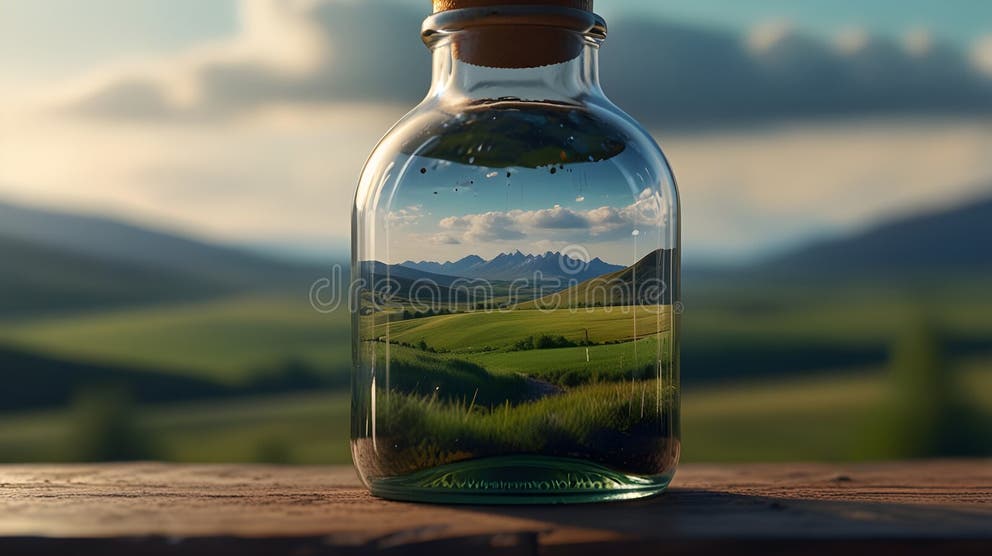 Looking through a Glass Bottle at a Blurred and Distorted Landscape ...
