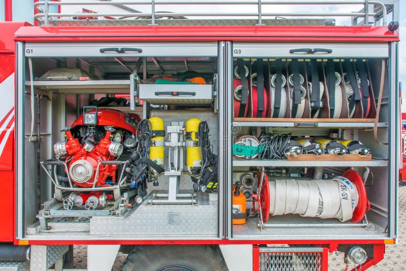 Various Devices of the Fire Department in a Fire Truck Stock Image ...