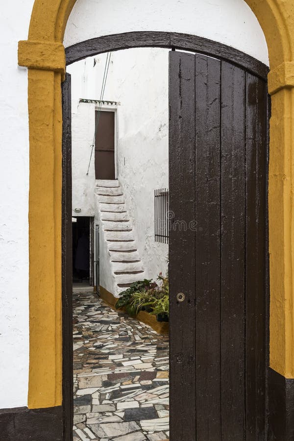 Looking Inside the Open Gate of a House, Ayamonte, Spain. Stock Photo ...