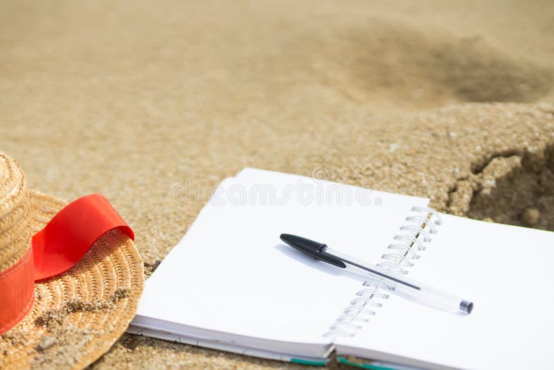 Looking for Inspiration on the Beach: Sea, Sand, Notepad and Pen, Copy ...