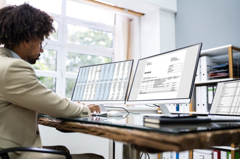 Looking at Invoice and Spreadsheet on Computer Stock Image - Image of ...