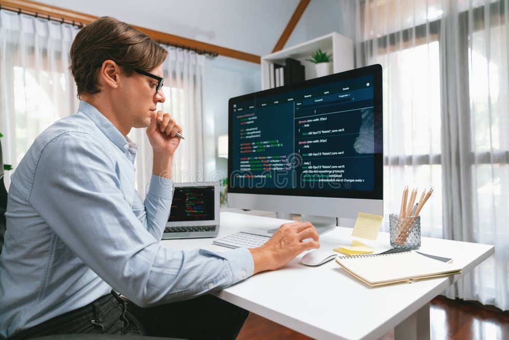 It Looking at Online Software Development on Pc Align Working Laptop. Pecuniary. Stock Image ...