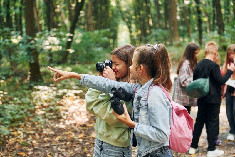 Looking for a Path. Kids in Green Forest at Summer Daytime Together ...