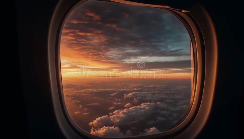 Looking through Porthole, Sunset Sky, Flying High Generated by AI Stock Illustration ...