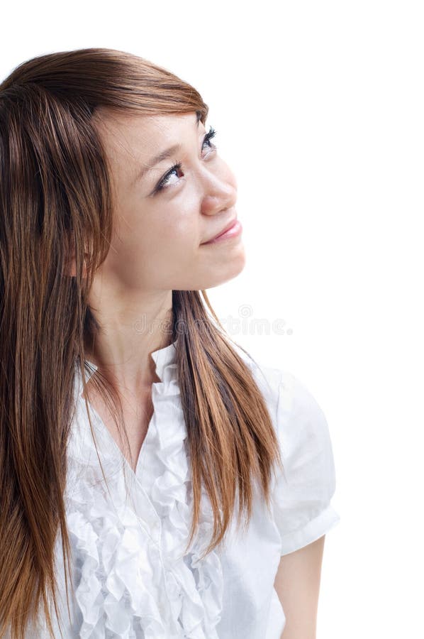 Smiling Thinking Woman Looking Up Stock Image - Image of adult ...