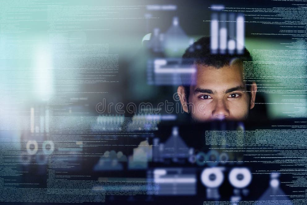 Looking through the Source Code. a Young Computer Programmer Looking through Data. Stock Photo ...
