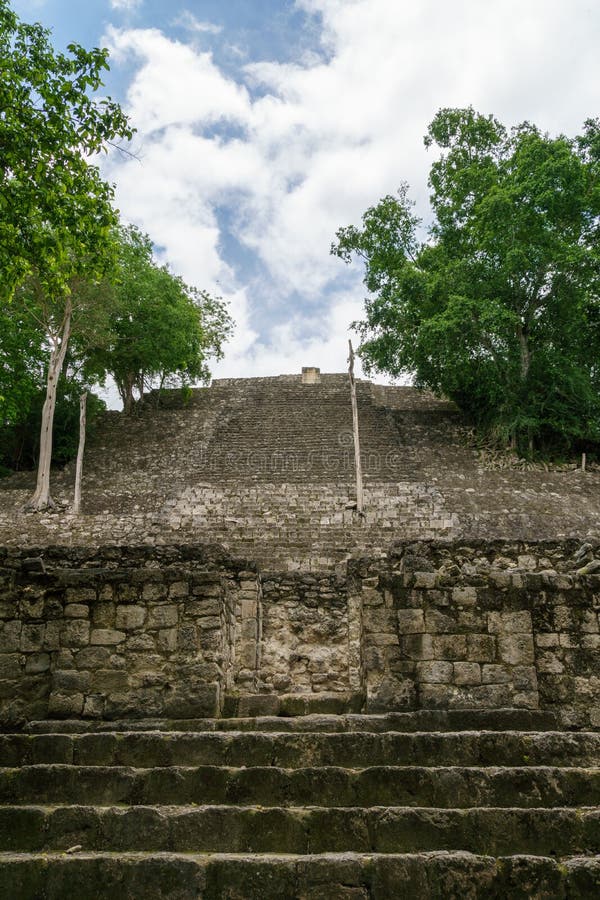 Looking Up from Ancient Mayan Stone Steps Towards the Sky in Calakmul ...