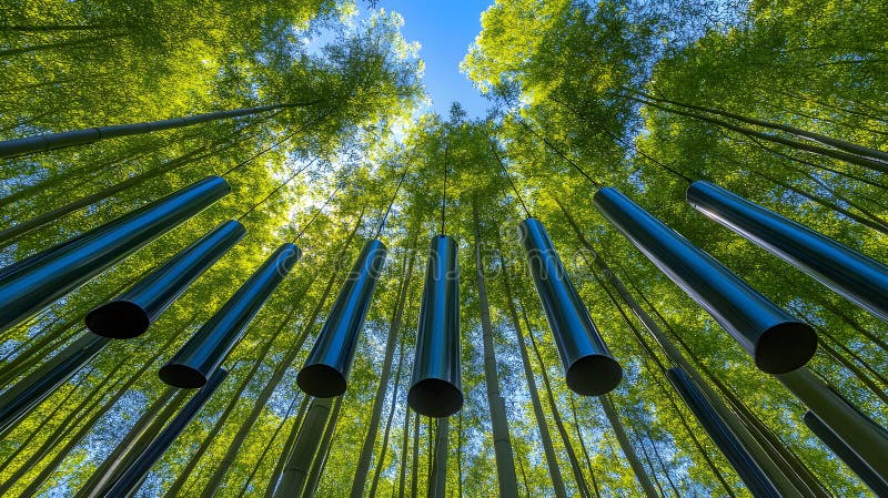 Looking Up at Bamboo Forest with Wind Chimes Hanging from the Canopy on ...