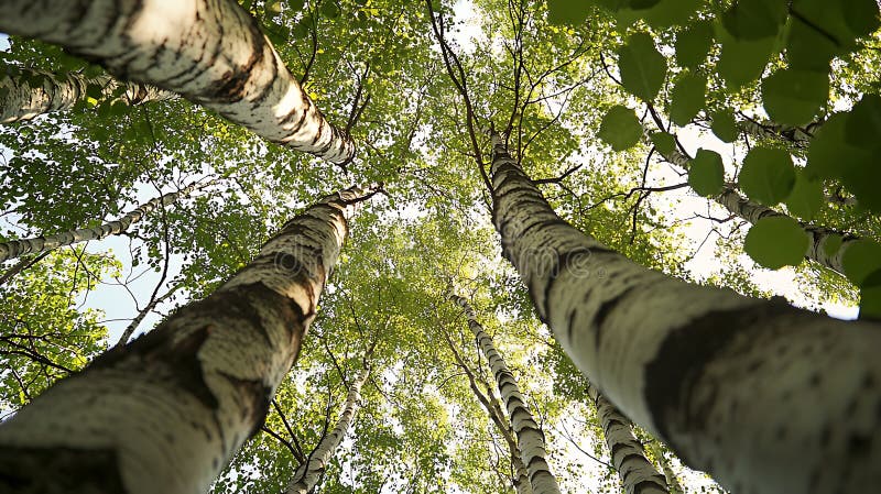 Looking Up at Birch Trees in a Lush Green Forest Canopy Stock ...