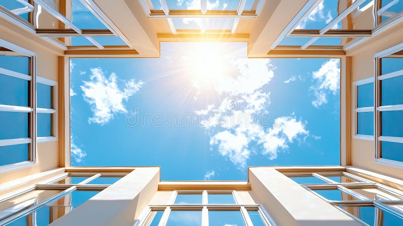 Looking Up at Blue Sky and Sun through Modern Building Windows Stock ...