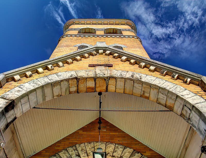 Looking Up at a Brick Church Steeple Stock Photo - Image of chapel ...