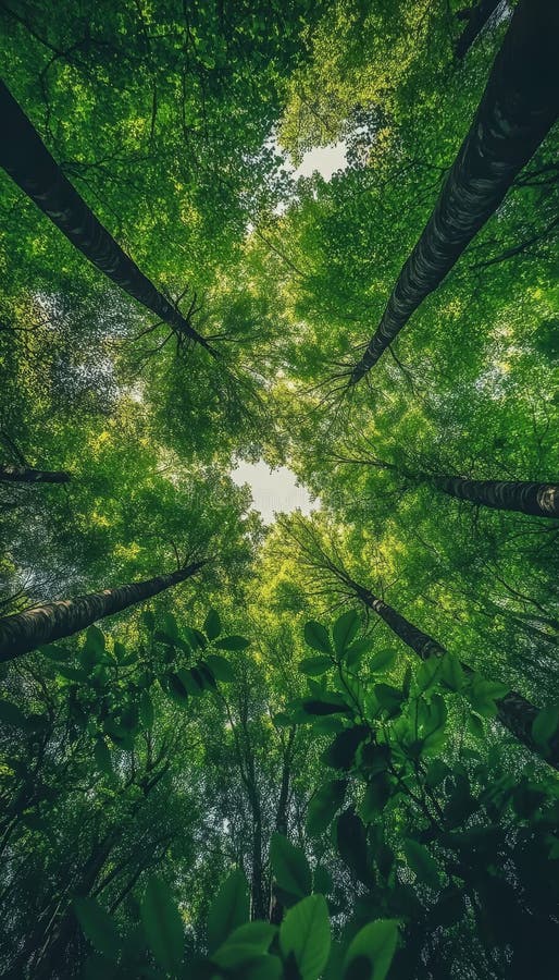 Looking Up, Canopy of Tall Trees Creates Circular Frame of Green Leaves ...