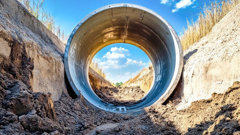 View from Inside a Concrete Pipe Showcasing Blue Skies and Preparation ...