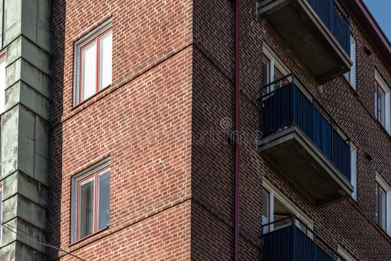 Looking Up a Corner of a Brick Apartment Building.. Stock Image - Image ...