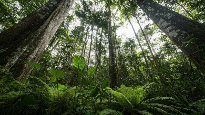 Looking Up at a Dense Canopy of Tall Trees in a Lush Green Tropical ...