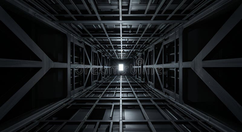 Looking Up an Elevator Shaft with Metal Framework and Light Stock ...