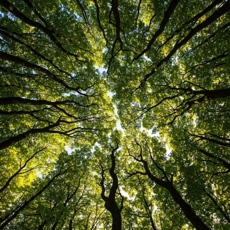 Looking Up at a Forest Canopy, Tall Trees Stretch Towards the Sky ...