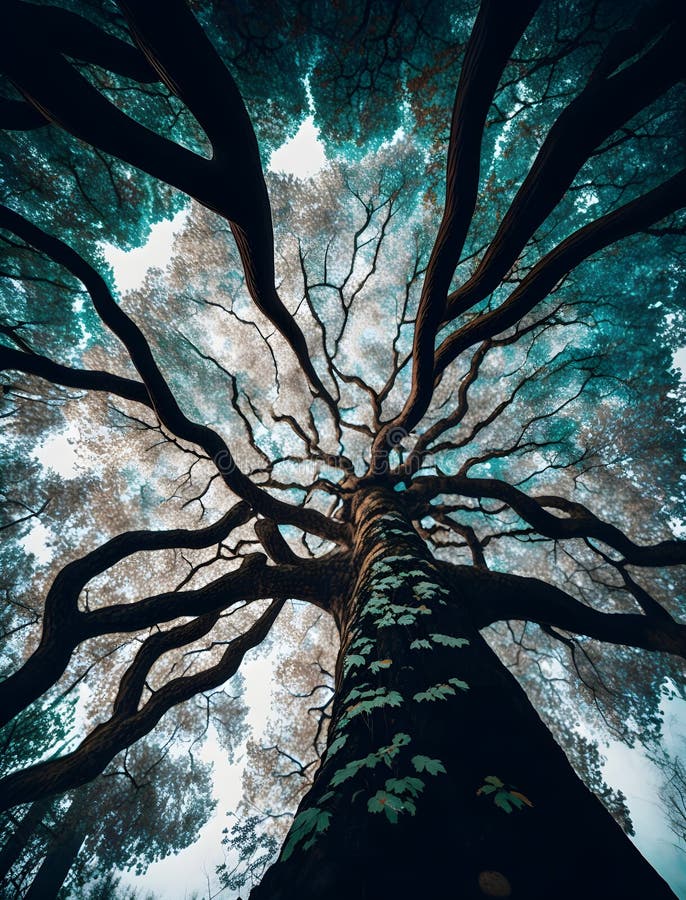 Looking Up a Giant Sprawling Tree with Many Branches, Point of View ...
