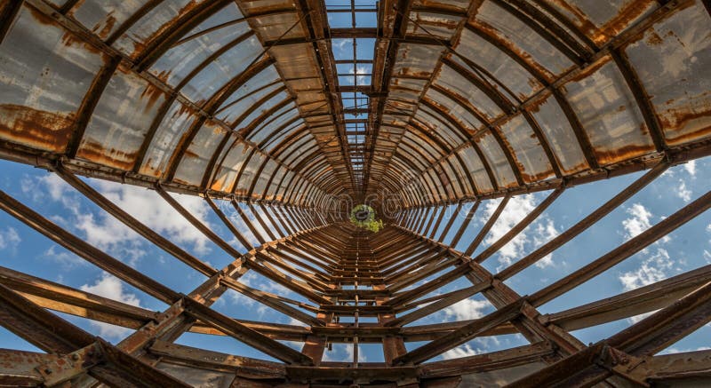 Looking Up through the Interior of a Rusted Metal Structure, Possibly a ...