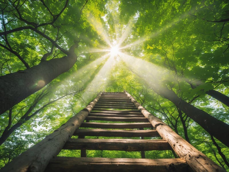 Looking Up at Log Ladder Surrounded by Green Trees with Sunlight Stock ...