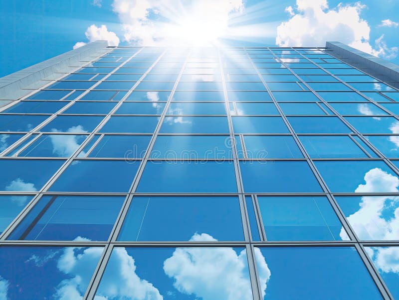 Skyward View: Reflective Glass Facade Under Sunlight Stock Image ...