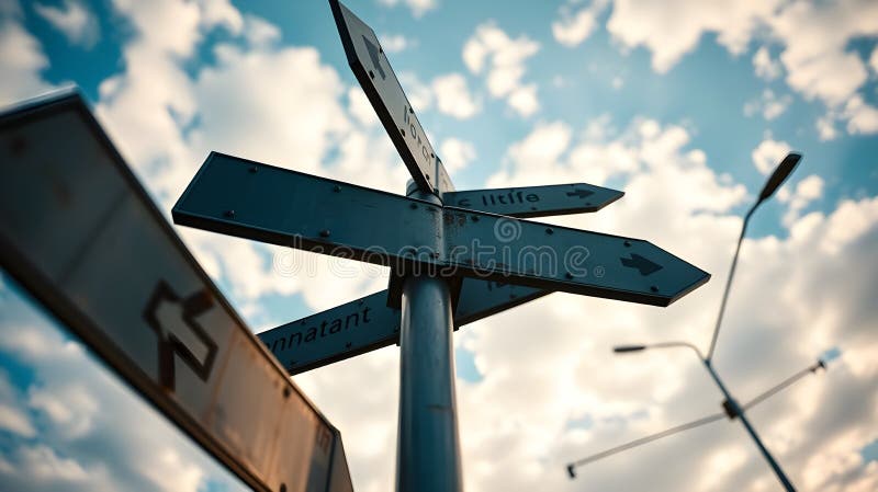 Looking Up at a Road Sign Pointing in Multiple Directions Stock ...